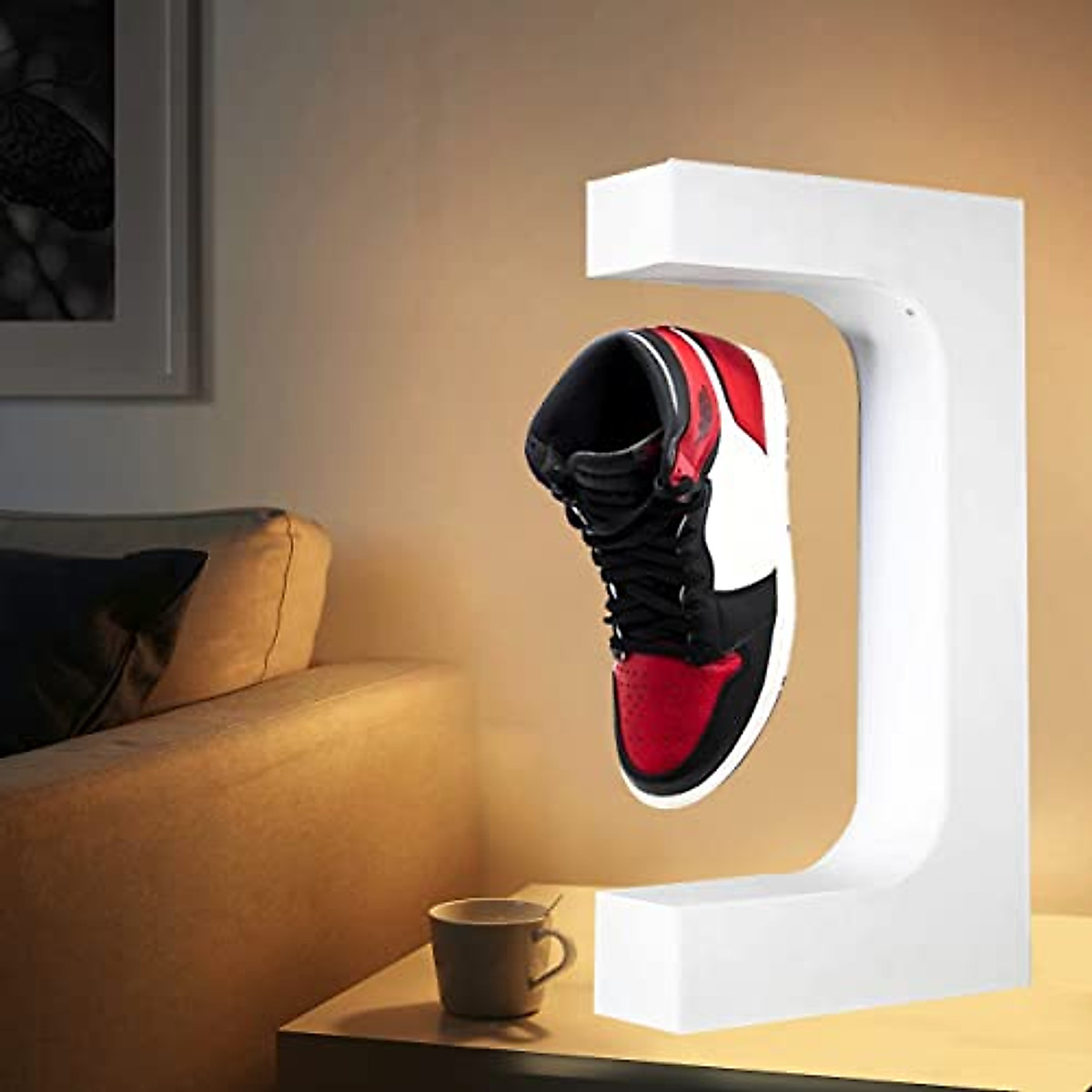 FloatGo Levitating Sneaker Display Magnetic Floating Shoe Stand Magnet Levitation Acrylic Holder Rotation Shelf Spinning Shoe Rack with LED Light Fit Yeezys for Gift Decoration (White)