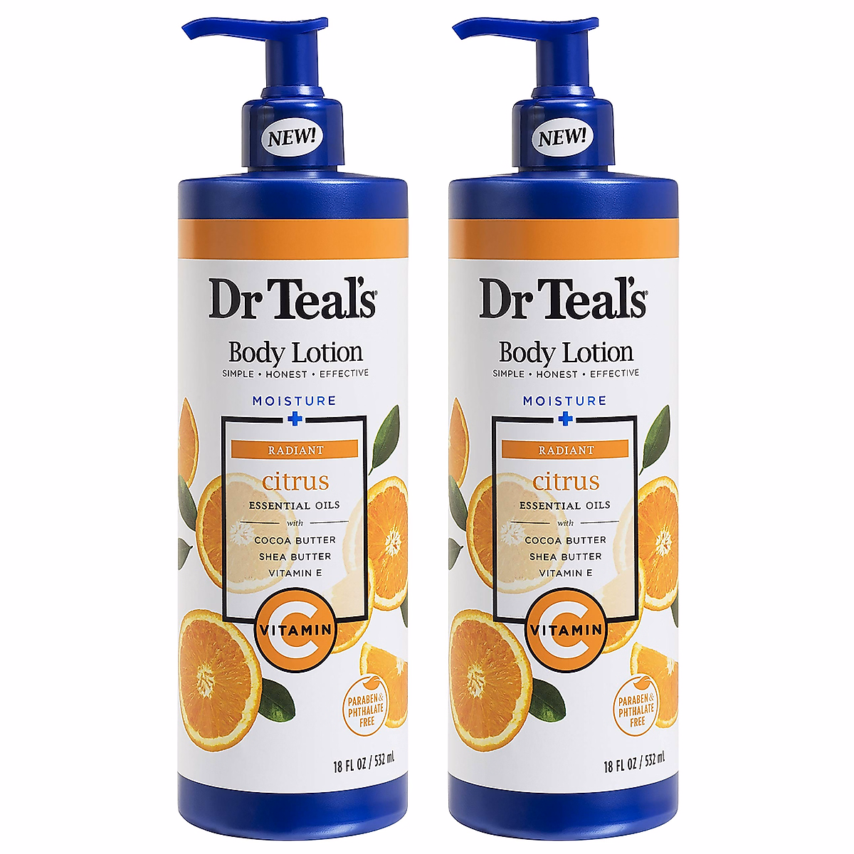 Dr Teal's Body Lotion - Moisture Plus - Radiant Citrus Essential Oils and Vitamin C, 18 Fl Oz 2-Pack (36 Fl Oz)