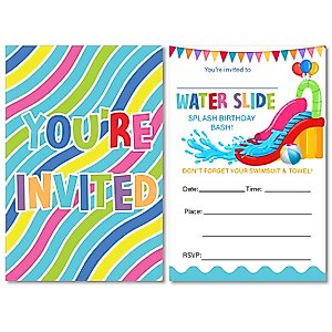 Water Slide Party Invitations with Envelopes Set of 20 Summer Waterslide Theme Birthday Party Invites Fill in Blank