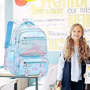 School Backpack for Girls, Lightweight Waterproof Cute Rainbow School Bookbag for Teen Kids Students Elementary (Rainbow Pink)