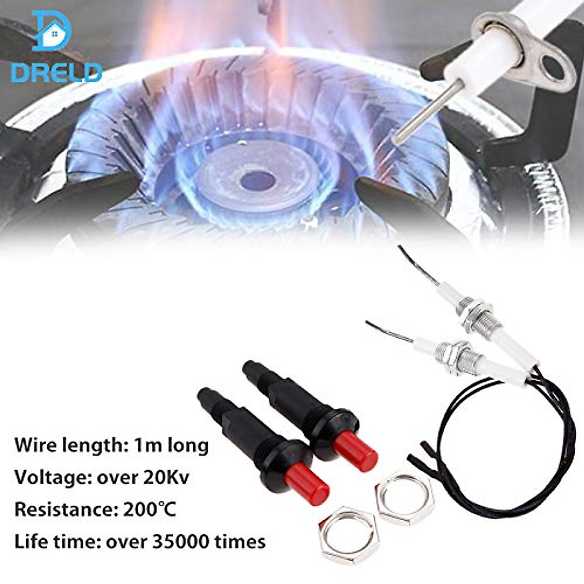 DRELD 2Pack Piezo igniter Spark Ignition with Push Button Igniter, Piezo Igniter with Threaded Ceramic Electrode lgniter, Type of 1 Out 2, Wire 1 Meter, Fit for Gas Grill Range Heater Stove