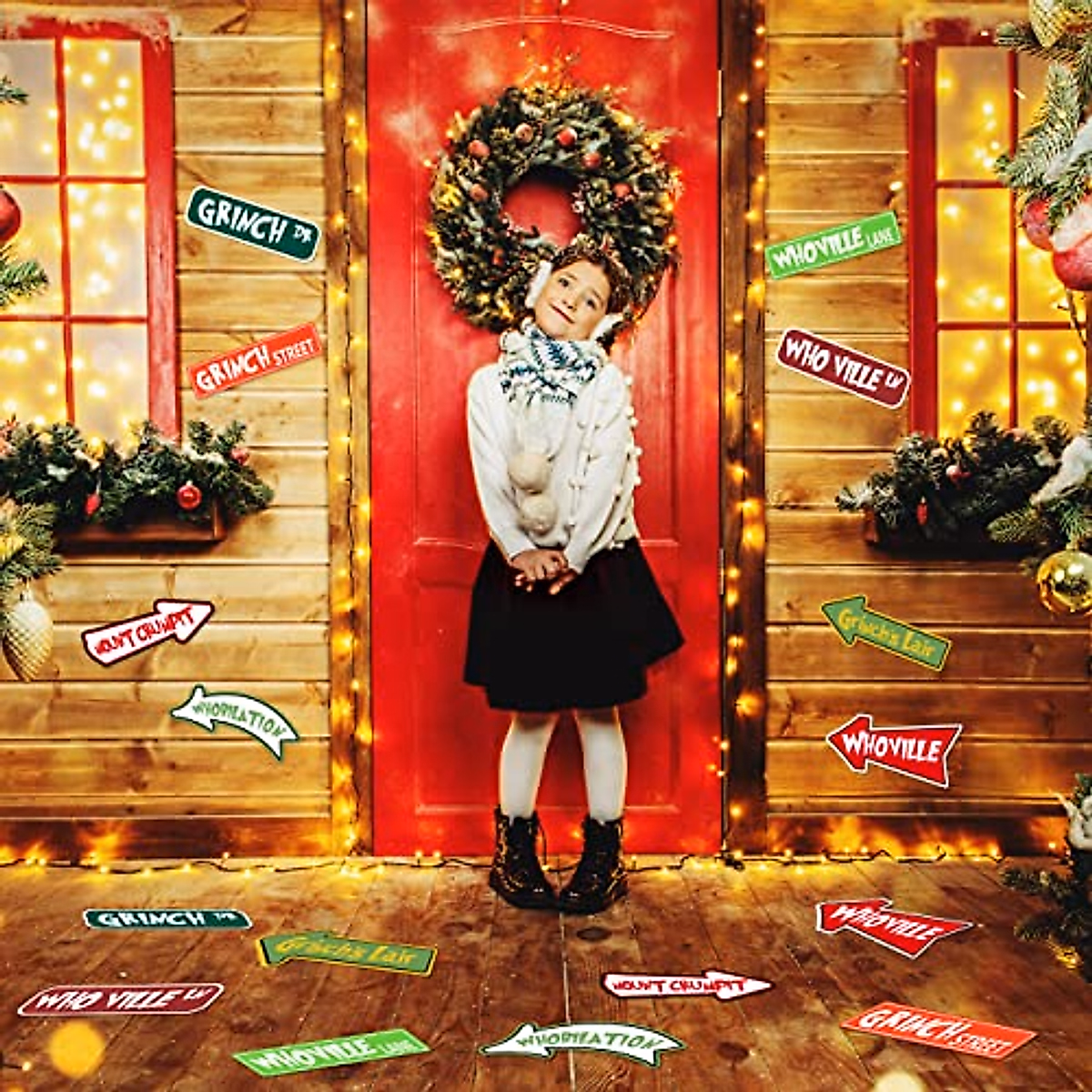 Grinch Christmas Decorations, 16PCS Welcome to Whoville Christmas Stickers Waterproof for Christmas Furry Grinch's Lair Themed Party Wall,Door,Windows, Floor