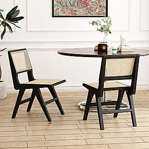 Accent Chair Dining Chairs Set of 2, Solid Wood Frame Boho Rattan Chair, Mid Century Modern Accent Chairs for Living Room Bedroom Dining Room Kitchen(Black)