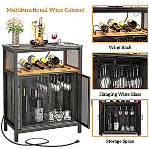 Unikito Wine Bar Cabinet with RGB Light and Outlet, FreeStanding Wine Rack Table, Liquor Cabinet with Glass Holder, Floor Bar Cabinet for Liquor and Glasses for Home Kitchen Dining Room, Black Oak