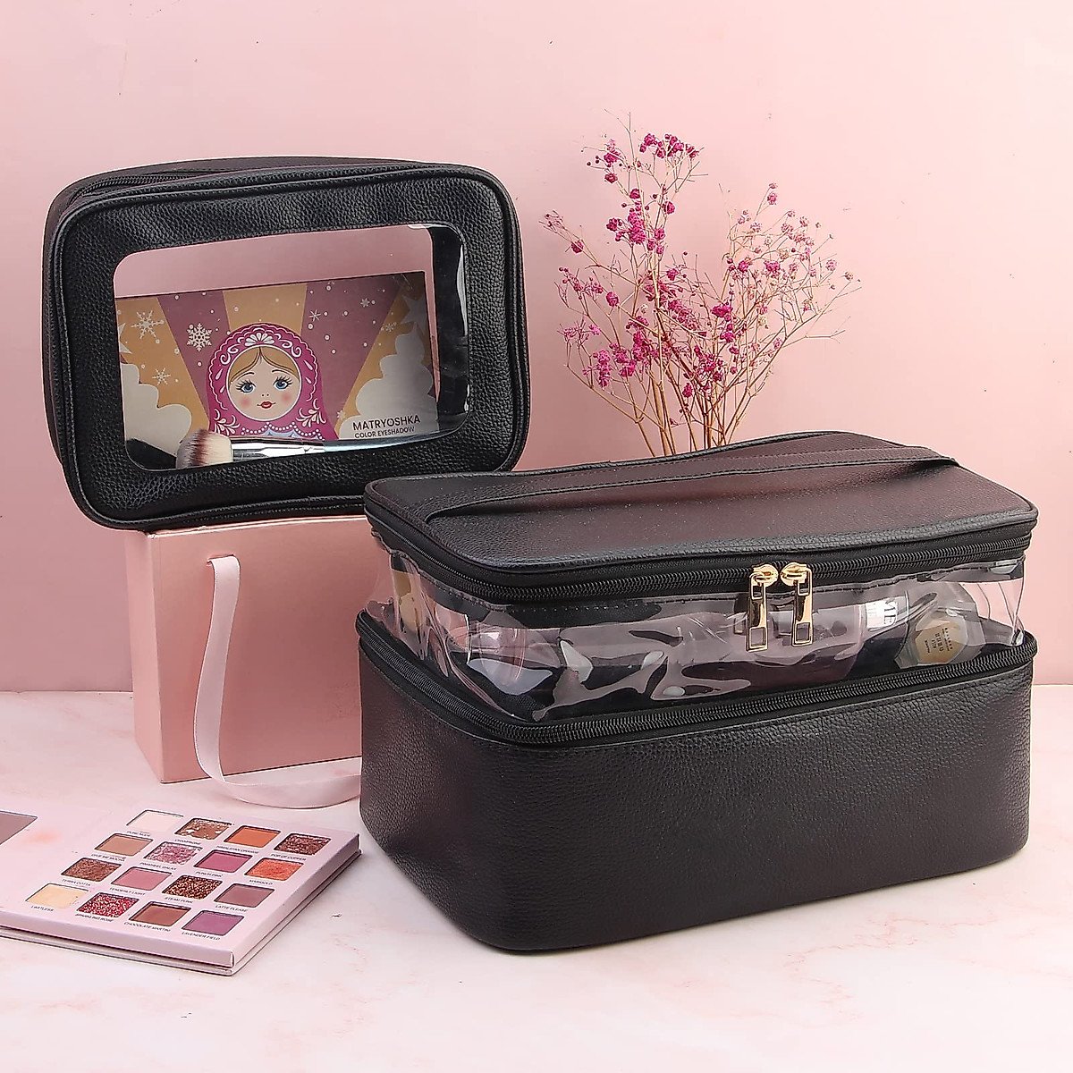 MAGEFY 2 PCS Travel Cosmetic Bags Leather Double Layer Organizer Clear Toiletry Bag Black Makeup Bags for Women Gifts with Adjustable Dividers