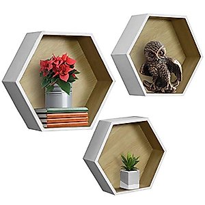 Sorbus® Floating Shelf Hexagon Set — Honeycomb Wall Mounted Shelves, Decorative Hanging Display for Collectibles, Photos Frames, Plants, and More (Set of 3 – White)