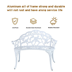 JARDIN DE CENTENNIAL Patio Garden Bench Metal Park Bench Cast Aluminum Outdoor Furniture with Floral Rose for Patio,Park,Lawn,Yard (White)
