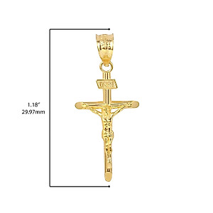 10K Yellow Gold 1.2" INRI Crucifix Cross Pendant Necklace - 18" Rolo Chain