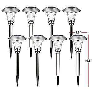 GIGALUMI 8 Pack Solar Pathway Lights, Solar Pathway Lights Outdoor Warm White, Waterproof Glass Stainless Steel Automatic Solar Landscape Lights for Patio, Yard, Lawn, Garden and Path (Silver Finish