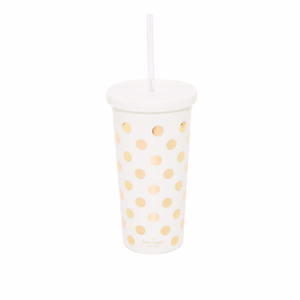 Kate Spade New York Insulated Plastic Tumbler with Reusable Straw, 20 Ounces, Gold Dots