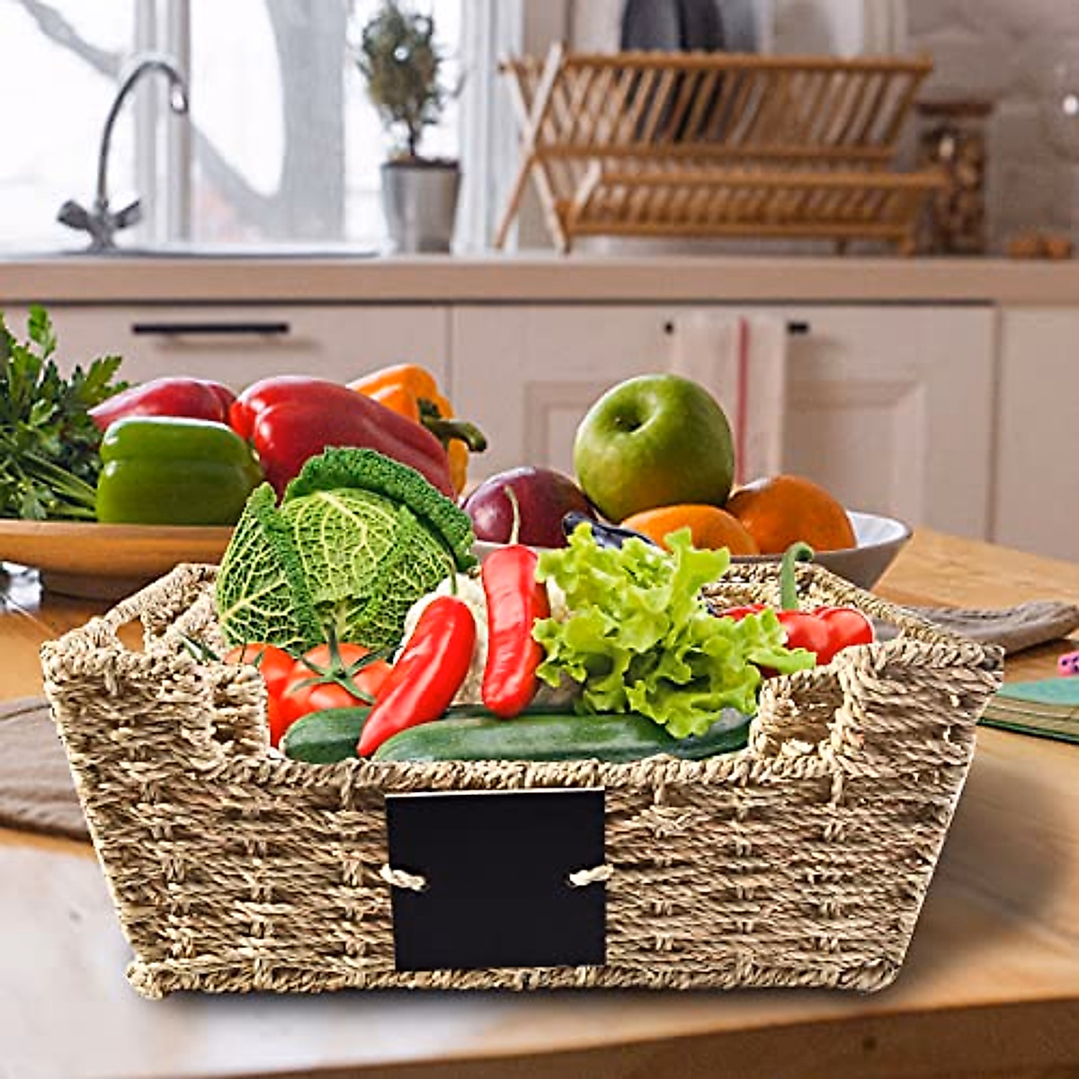 OUTBROS Storage Box Hand-Woven Wicker Storage Baskets, Multipurpose Open-Front Bin with Handles, Shelf Nesting Baskets, Desktop Makeup Organizer Container with Built-In Carry Handles, Seagrass