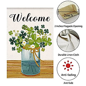 WODISON Welcome St Patricks Day Garden Flag For Yard House, Spring Shamrocks Clovers 12x18 Inch Burlap Double Sided Printing, Outdoors Home Decoration Banner (Only Flag)