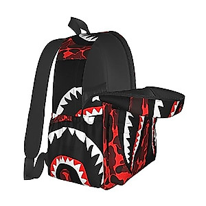 Red-Black Shark Printed Travel Laptop Backpack For Women,Print Mini Casual Daypack Waterproof Computer Bags With Ergonomic