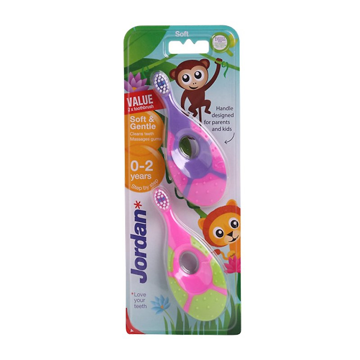 Jordan Step 1 Baby Toothbrush for Age 0-2 Years Old Toddler Toothbrush with Extra Soft Bristles & Soft Biting Ring for Babies Gums and Easy Grip (Pack 2 Units)