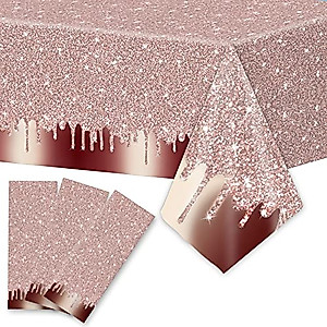 3pcs Pink Rose Gold Birthday Party Tablecloths Rose Gold Sequin Printed Plastic Table Cover Glitter Diamonds Happy Birthday Background for Girl Wedding Graduation Anniversary Indoor Outdoor（Plastic）