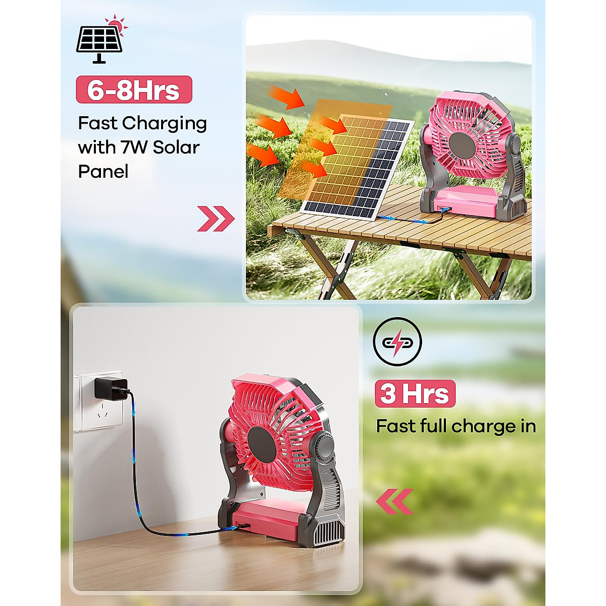 Art In Real 10400mAh Solar Powered Fan, Portable Solar Fan with LED Lantern, Camping Fan with 7W Solar Panel, Stepless Speed Battery Powered Fan for Travel, Camping,Office,Outdoor＆Indoor(Pink)
