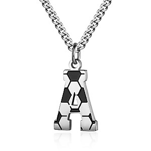 AIAINAGI Soccer Initial A-Z Letter Necklace for Men Soccer Charm Pendant Stainless Steel Silver Chain 22inch Personalized Soccer Gift for Men(A)