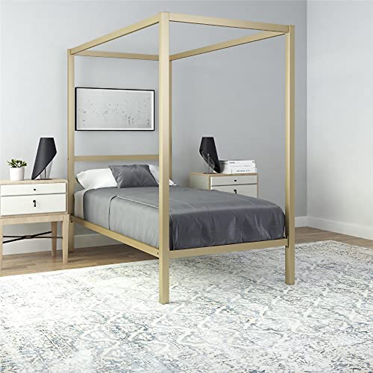 DHP Modern Metal Canopy Platform Bed with Minimalist Headboard and Four Poster Design, Underbed Storage Space, No Box Spring Needed, Twin, Gold