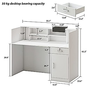 AIEGLE Reception Counter Desk with Adjustable Shelf & Lockable Drawersfor Salon Reception Room Checkout Office, White (55.1" L x 23.6" W x 43.3" H)