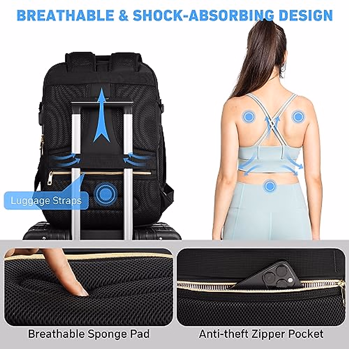 MOMUVO Travel Backpack for Women, Carry On Backpack Flight Approved, Large Anti Theft 17 Inch Laptop Backpack Luggage Backpack with USB Charging Port & Shoe Bag, Black