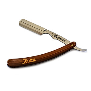 Classic Samurai Stainless Steel Professional Barber Folding Straight Edge Razor Shavette Men's Shaving Kit with 200 Count Lord Single Edge Razor Blades (Brown)