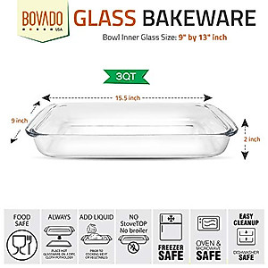 Bovado USA 9" x 13" Inch Glass Oven Baking Dish | High-Grade Borosilicate Glass | 3 Qt Capacity | Nonstick, Dishwasher Safe, Freezer-to-Oven Casserole Pan | No Lid