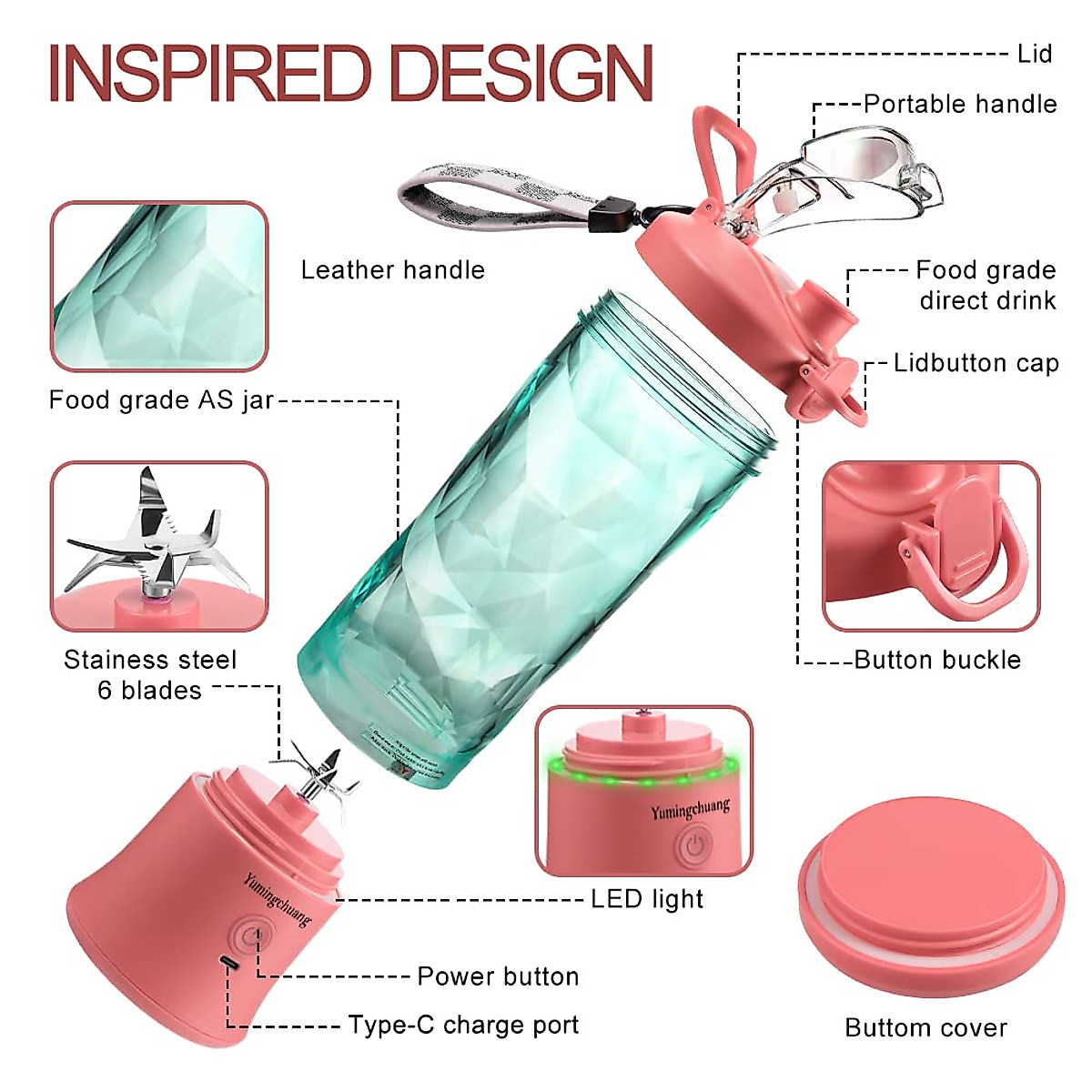 Portable Blender, BPA Free Personal Blender with Waterproof USB, Shakes and Smoothies with 6 Blades Mini Blender 20oz for Kitchen,Home,Baby,Travel