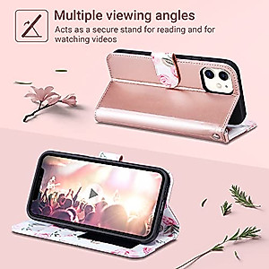 ULAK Compatible with iPhone 12 Wallet Case for Women, Premium PU Leather iPhone 12 Pro Flip Cover with Card Holder, Wrist Strap, Kickstand Shockproof Phone Case for iPhone 12/12 Pro 6.1, Rose Flower