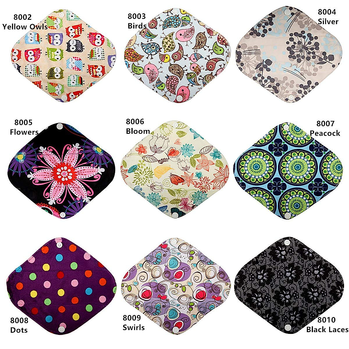 6 Pieces 8 Inch Charcoal Bamboo Mama Cloth/Menstrual Pads/Reusable Sanitary Pads/Panty Liners - You Choose 6 from 19 Designs and Email to Me