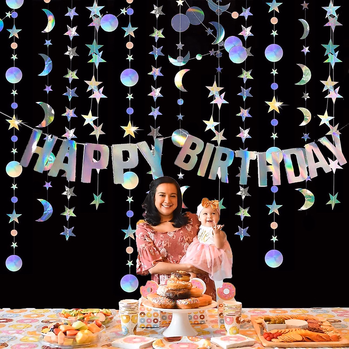 Star Moon Circle Dot Garland Party Decoration Kit, Holographic Party Decorations Hanging Stars Streamer Backdrop Crescent Garlands Happy Birthday Banner Backdrop for Baby Shower Birthday Wedding