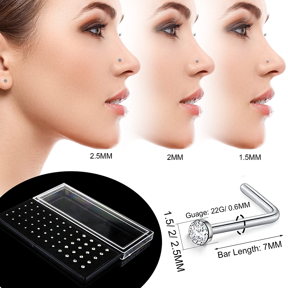 EIELO 240 Pcs Nose Ring Studs Set for Women Men Surgical Stainless Steel Nose Hoop CZ Bone Nose Studs Ring Nose Piercing Jewelry 20G 22G 1.5mm 2mm 2.5mm L Shaped