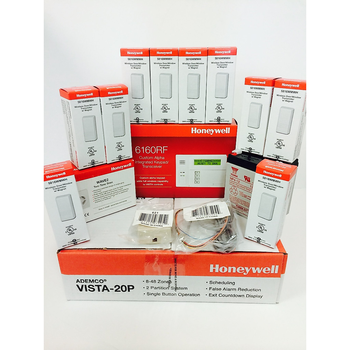 Honeywell Vista 20P, 6160RF, (10) 5816WMWH, Battery, Siren, Jack and Cord Kit Package