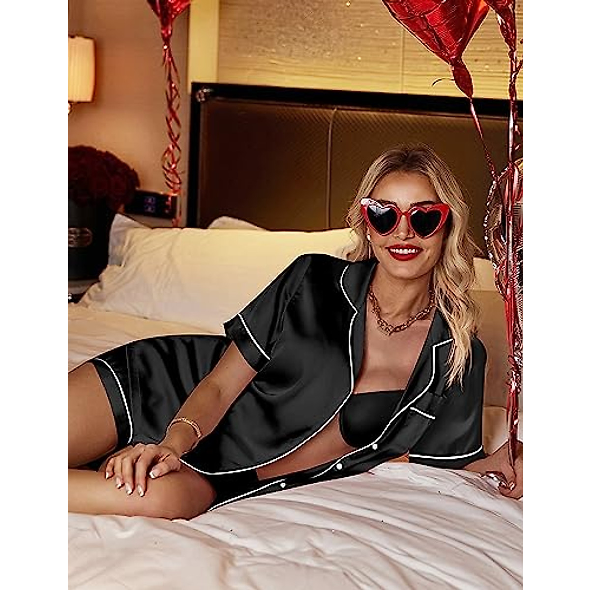 Ekouaer Womens 3 Piece Satin Silk Short Sleeve Sleep Shirt and Long Pants with Shorts Pajama Set, Black, Medium