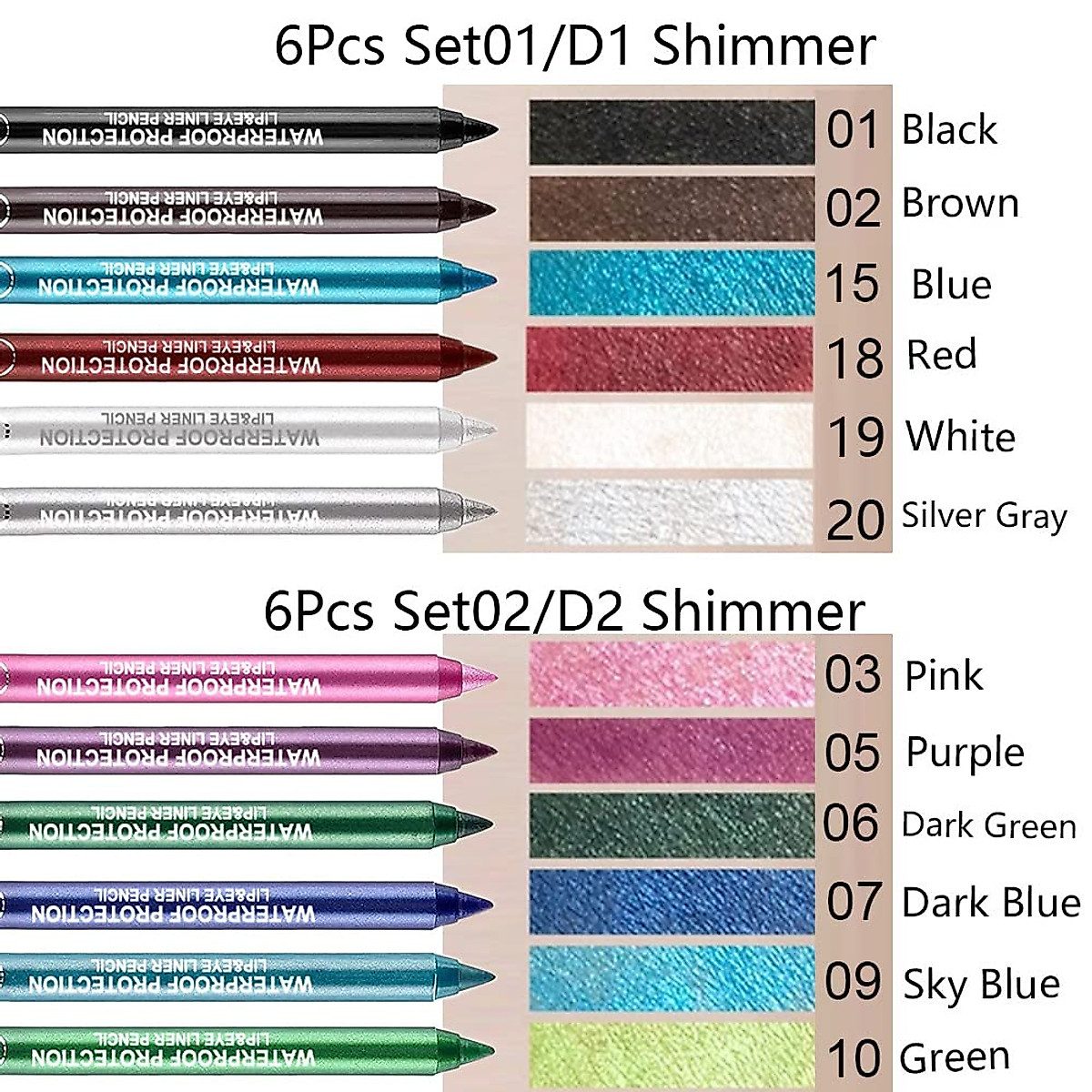 KARNAR 6Pcs Deep Sea Blue Green Colored Shimmer Glitter Gel Eyeliner Pencil Pen Set, Shimmer Metallic Glitter Eye Liner Shadow Pencils colorful Kit delineadores de colores para ojos D2