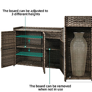 YITAHOME Outdoor Storage Cabinet, Weather-proof Rattan Bar Table with Two Doors, Adjustable Shelves & Foldable Drawer, Wicker Patio Storage Box for Outdoor Cushions, Pool Toys and Garden Tools - Brown