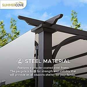 Sunjoy 10 x 10 ft. Pergola, Outdoor Patio Brown Steel Classic Frame Pergola with Retractable White Canopy Shade for Backyard, Garden Activities