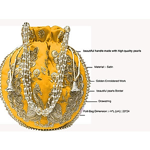 Potli Bag for Women yellow Indian Pearls Handle Purse Wedding Ethnic Designer Clutch Embroidered Silk Gifts Batwa H*L(cm):- 23 * 24)