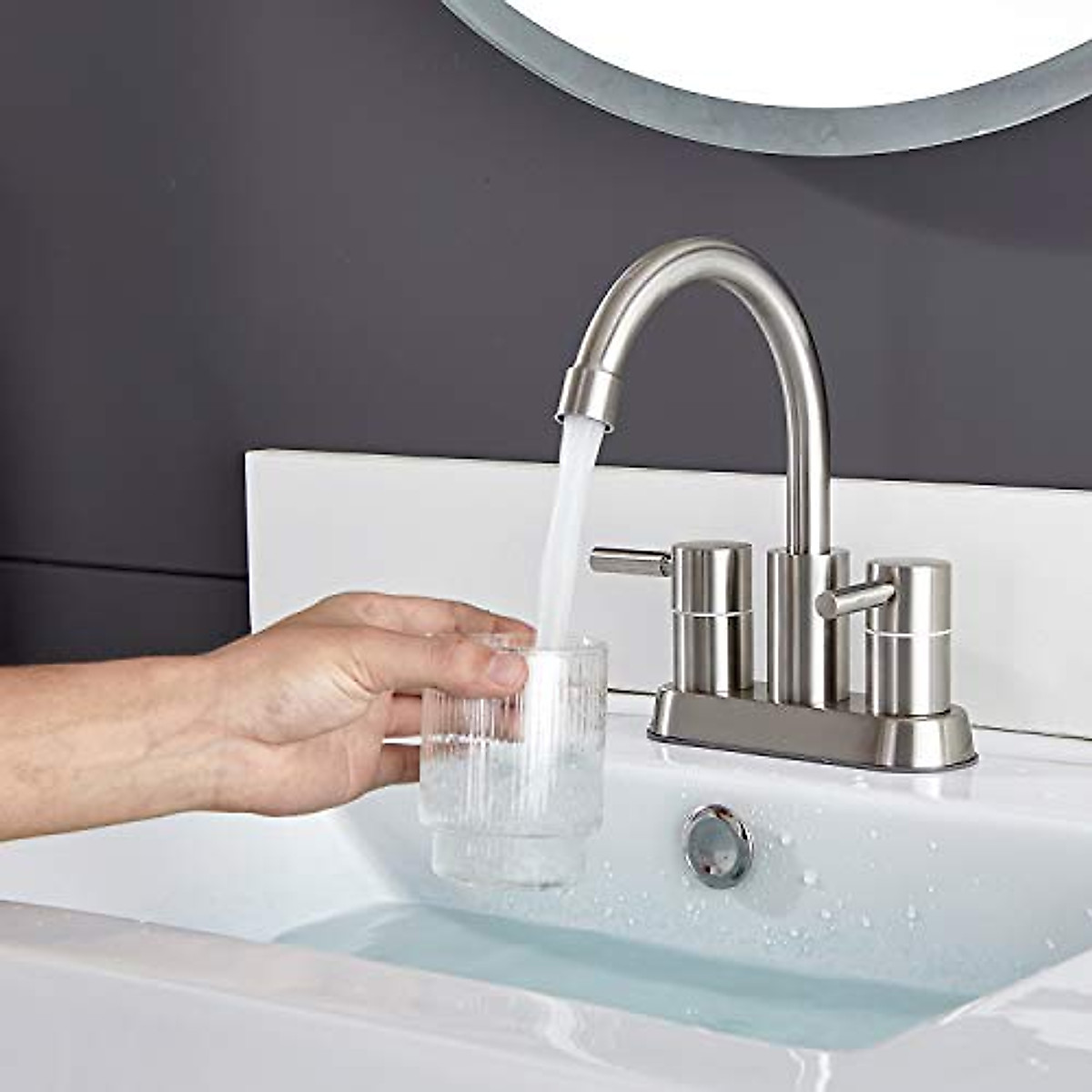 IKEBANA Bathroom Faucet Brushed Nickel,2 Handle Stainless Steel Bathroom Sink Faucet,Modern Bathroom Faucet Vanity Lavatory Faucets with Pop-Up Drain and Hot & Cold Water Hose