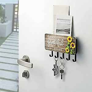 Autumn Fall Sunflowers Wooden Key Holder for Wall Key Hanger with 5 Key Hooks Key Rack Organizer Key and Mail Holder for Wall Decorative Entryway Farmhouse Mudroom Kitchen Home Office Grateful