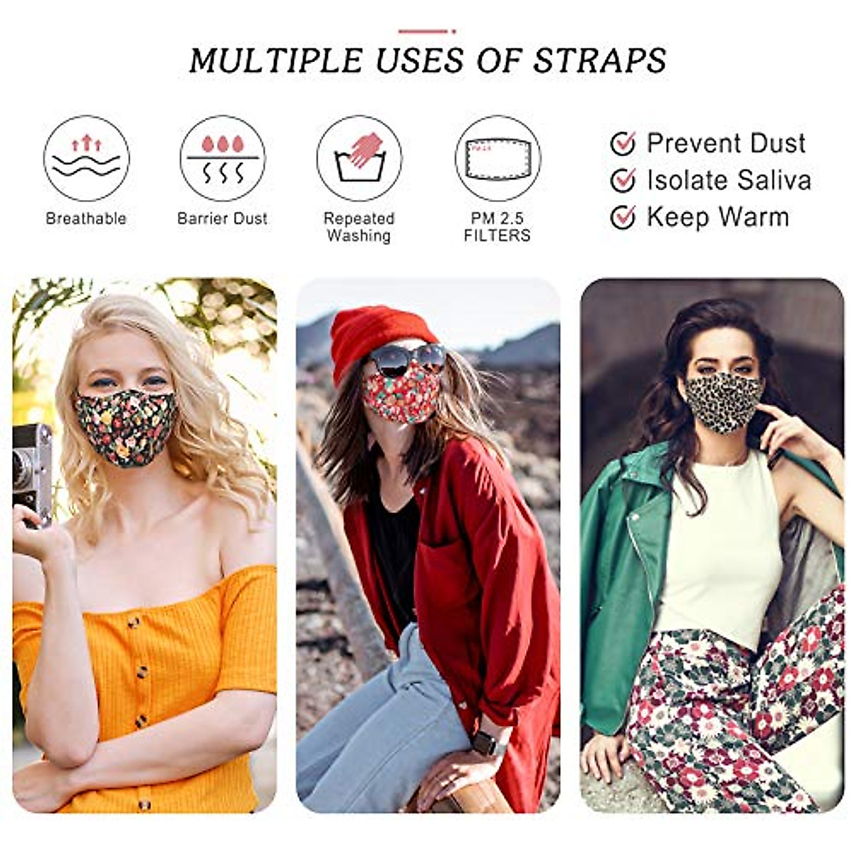 Cloth Face Maks Washable Reusable for Women Men Build-in Nose Wire&Filter Pocket with 9 Filters Adjustable Breathable 3 Layers Cotton Cup Dust Safety Protection Fabric with Designer Printed(9 Pcs)