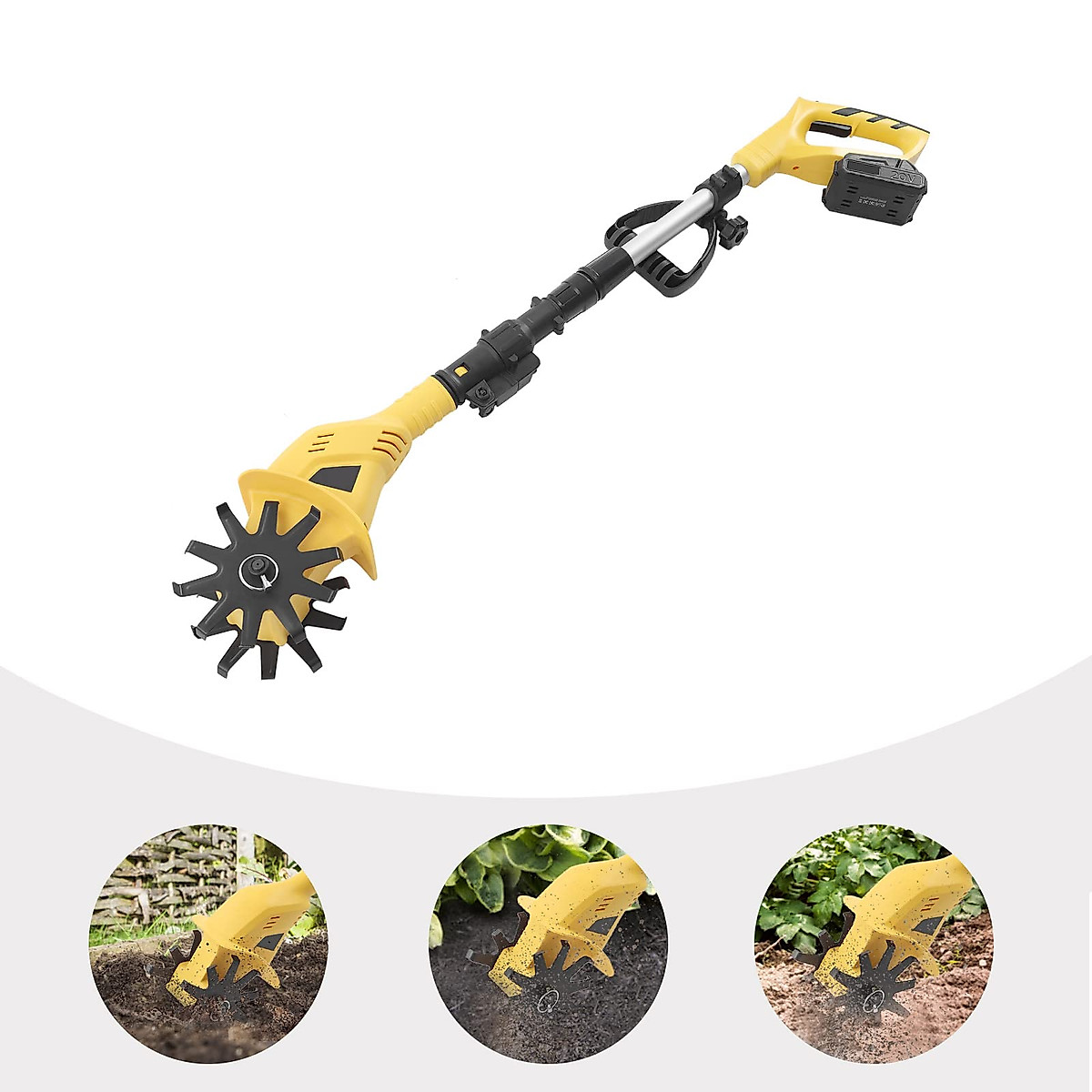 Cordless Tiller Cultivator, 6.7" Depth and 4" Width Handheld Garden Cultivators with 20 Manganese Steel Tines Household Electric Rototiller for Farm, Park, Garden, Yard to Plow, Turn Soil, Weed