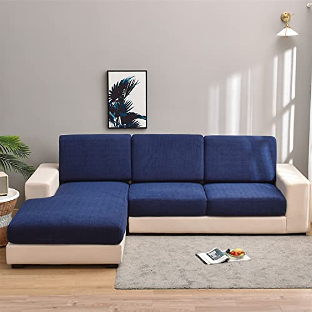 IMYOGI High Stretch Sofa Covers Sofa Cushion Covers, 1 2 3 4 Seaters L Shaped Couch Seat Slipcover, Furniture Protector Non Slip with Elastic Band for Living Room-Blue-4 Seater