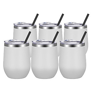 VEGOND Wine Tumblers Bulk 6 Pack, 12oz Stainless Steel Stemless Wine Glass with Lids and Straws, Double Wall Vacuum Insulated Tumbler Cup, Coffee Mug for Cold Hot Drinks
