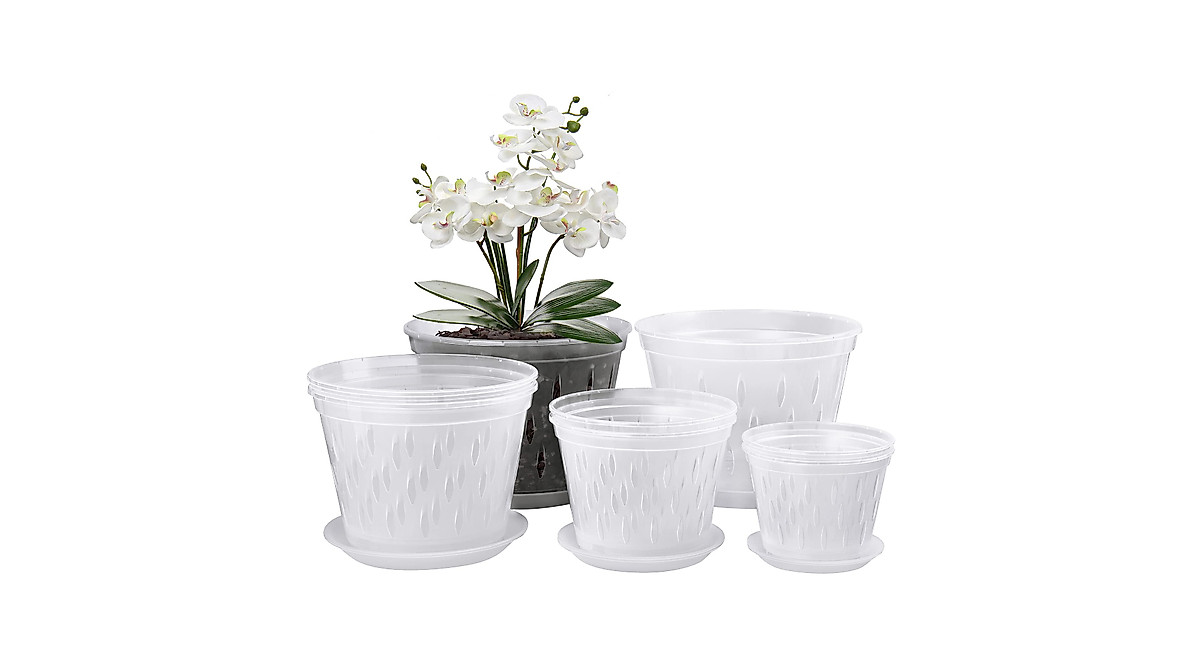 Lanccona Orchid Pots Set - 8 Clear Pots with Saucers & Drainage