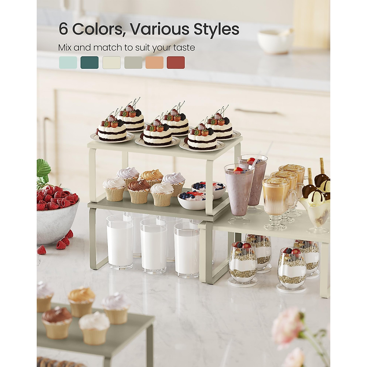 SONGMICS Cabinet Organizer Shelf, Set of 2 Kitchen Counter Shelves, Kitchen Storage, Spice Rack, Stackable, Expandable, Metal and Engineered Wood, Cream White UKCS002W02