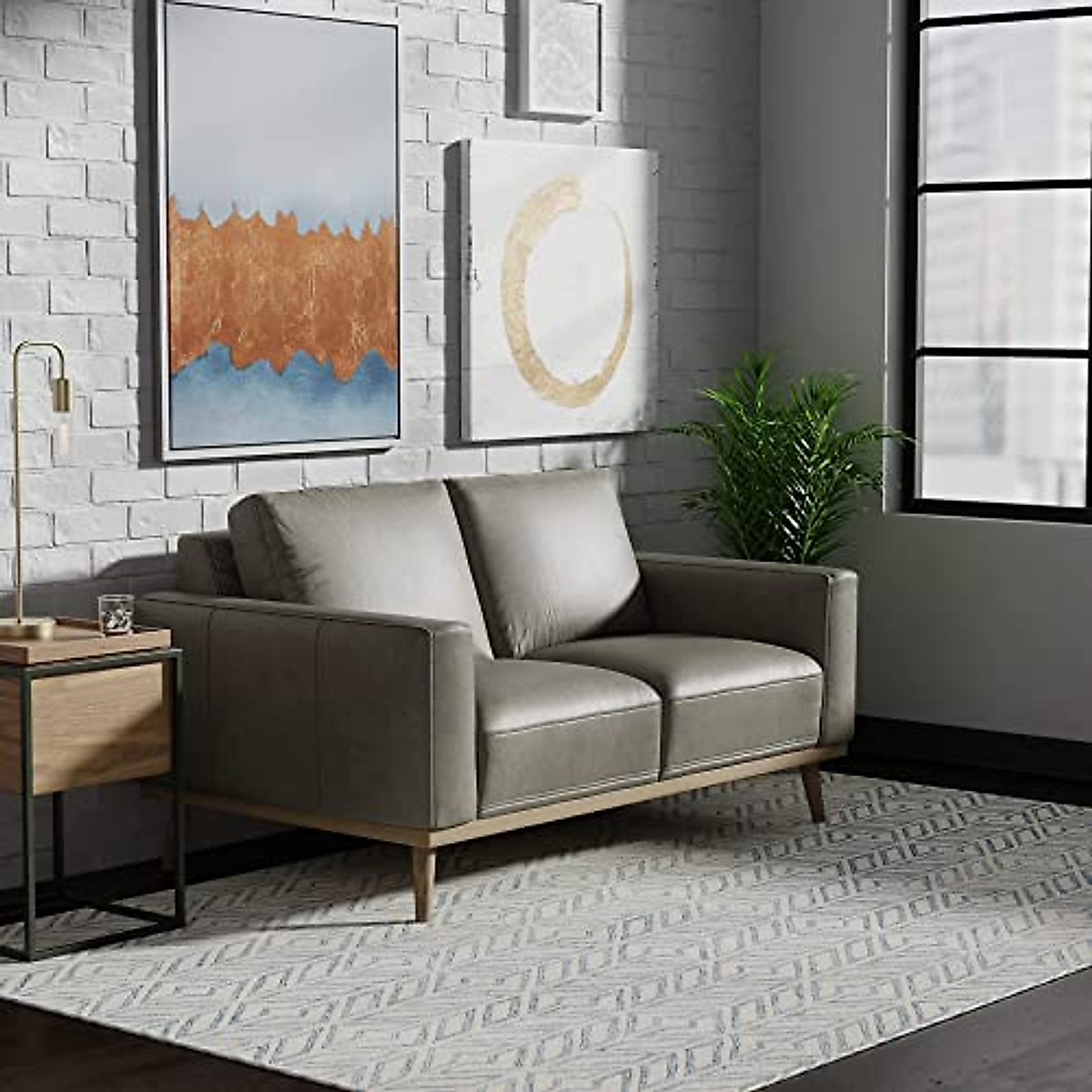 Amazon Brand – Rivet Modern Leather Loveseat Sofa Couch with Wood Base, 63.4"W, Gray