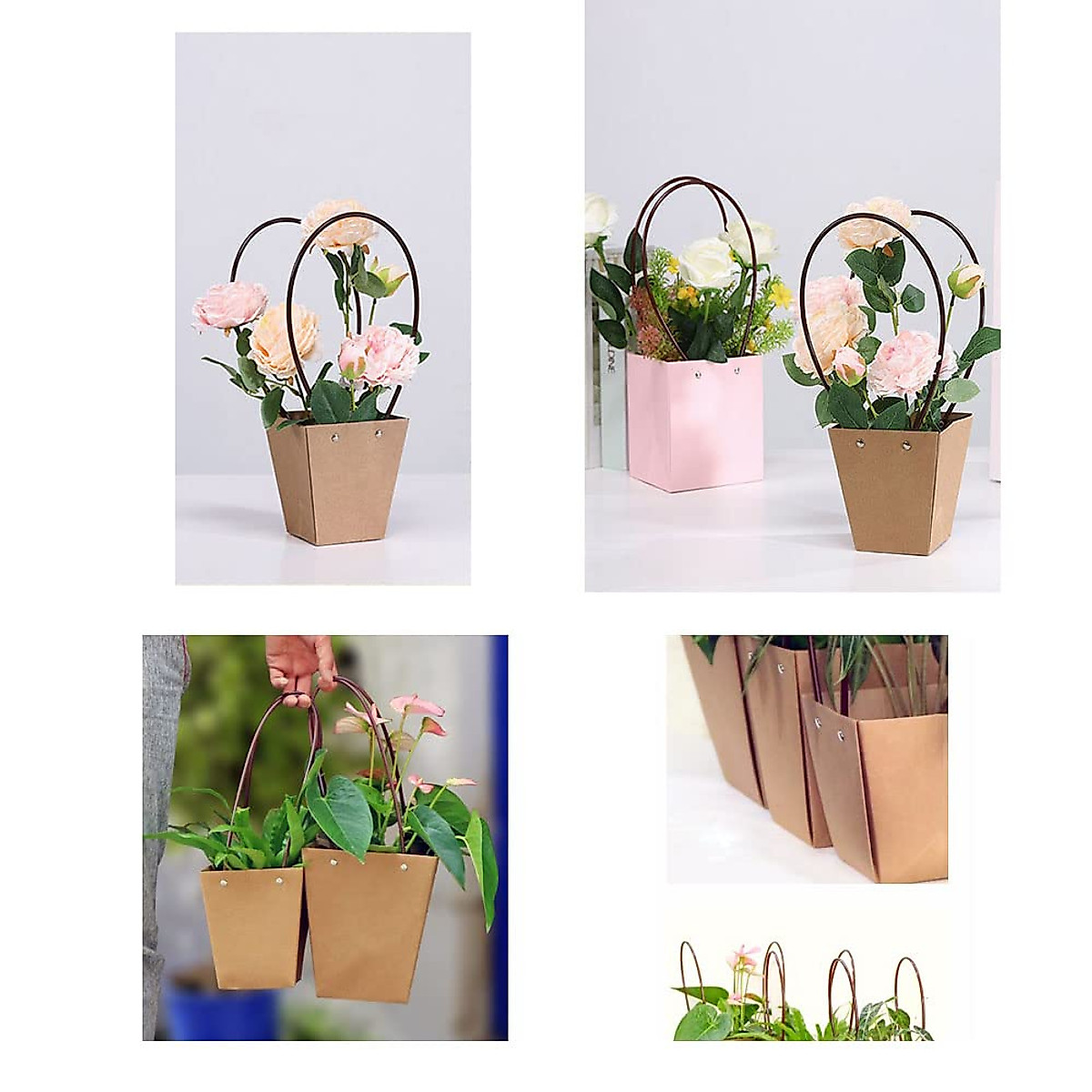 STKMELON 10Pack Kraft Paper Flower Gift Bags Bouquet Bags Box Waterproof Brown Paper Carrier Bags with Handle Tote Bags for Thanksgiving Birthday Wedding Party Favors (T2-10Pack)