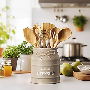 Barnyard Designs Ceramic Farmhouse Utensil Holder for Kitchen Counter, Large Rustic Utensil Crock, Countertop Cooking Tool Spatula Organizer, 6.75” (Taupe)