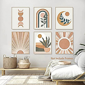 XUOIAYNB Abstract Boho Wall Art Prints, Minimalist Geometric Sun Canvas Wall Art (8"x10"x6pcs, Unframed)-Mid Century Modern Art Print for Bedroom Decoration