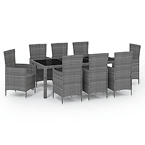 vidaXL Patio Dining Set 9 Piece with Cushions Garden Outdoor Terrace Balcony Dinner Table and Chair Seat Seating Furniture Poly Rattan Gray